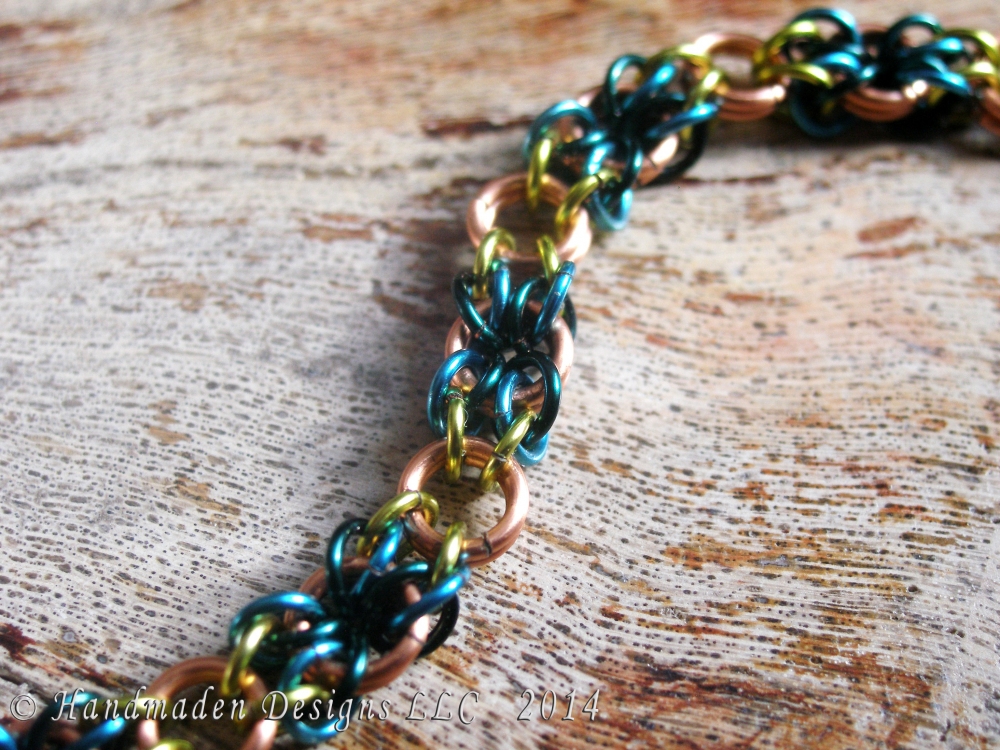Copper, lime green, teal, and blue Snake Eyes chainmaille bracelet ...
